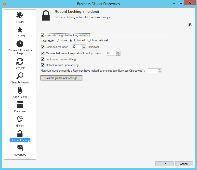 Define Merge Actions for Business Object Record Locking Settings